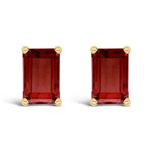 HAUS OF BRILLIANCE 14k Gold Emerald Cut Gemstone Stud Earrings - Red Garnet | Yellow